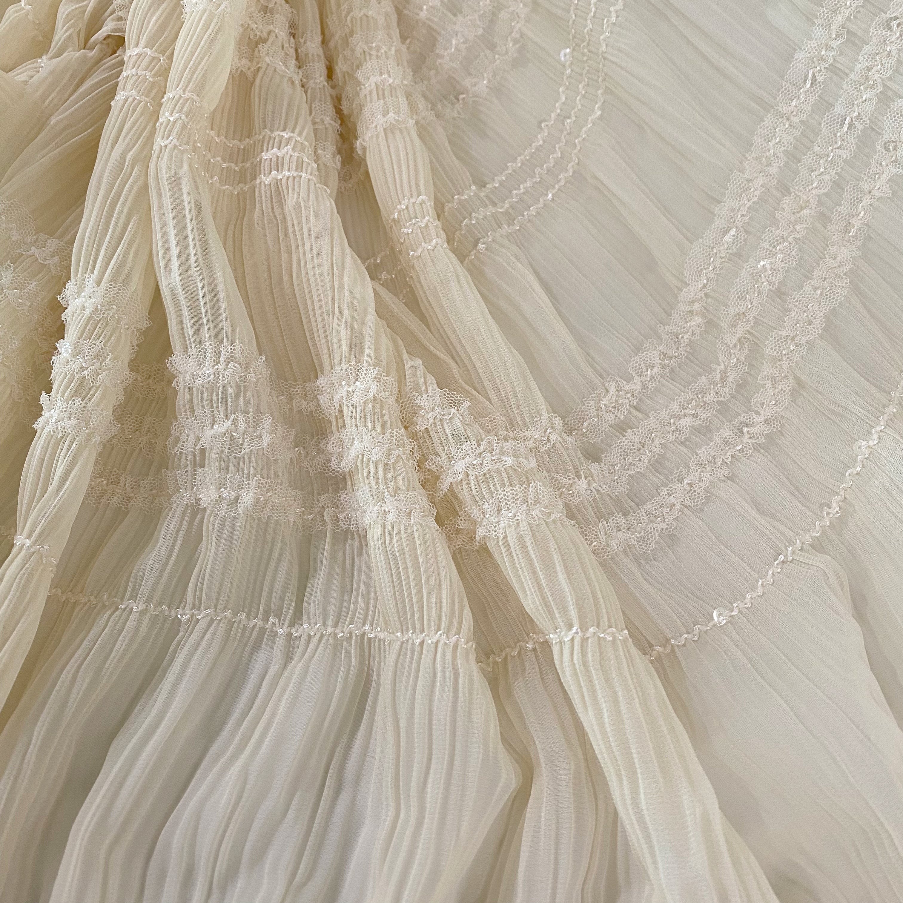 Plisse Chiffon - Sequined Ruffle Trim- Ivory