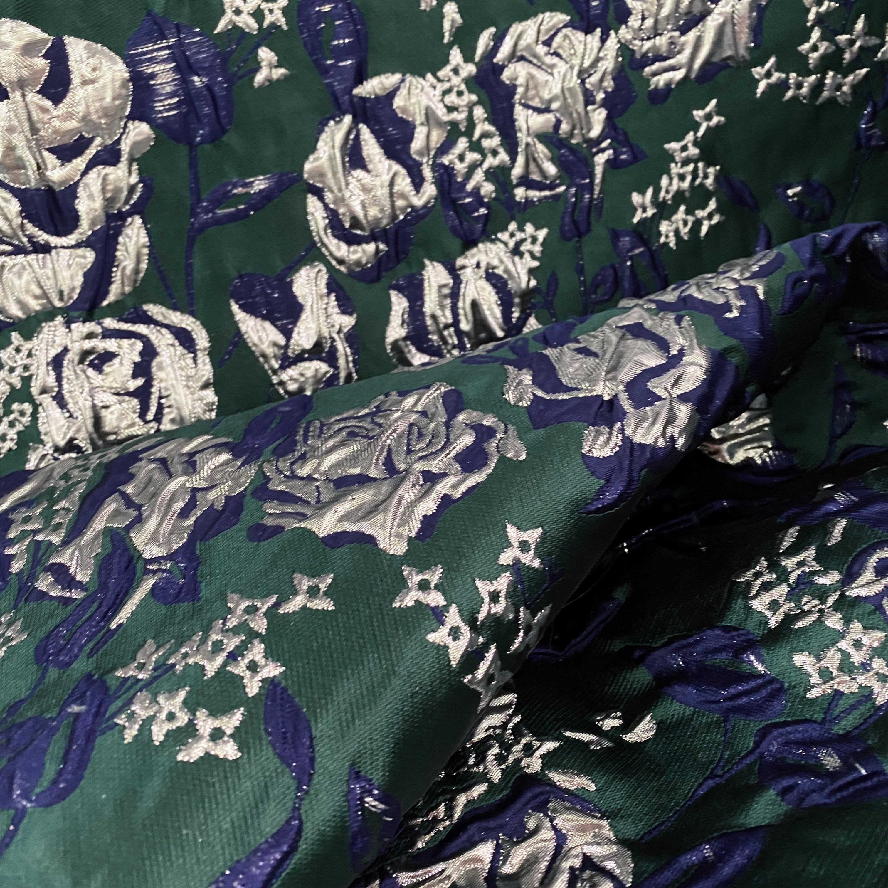 Raised Rose Vine Brocade - Metallic - Silver/Green